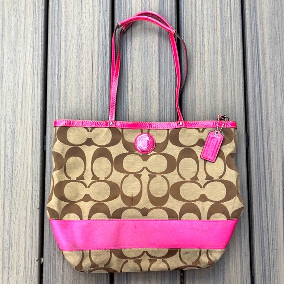 Coach | Bags | Coach Purse Bag Tote Pink Stripe With Tan Brown ...